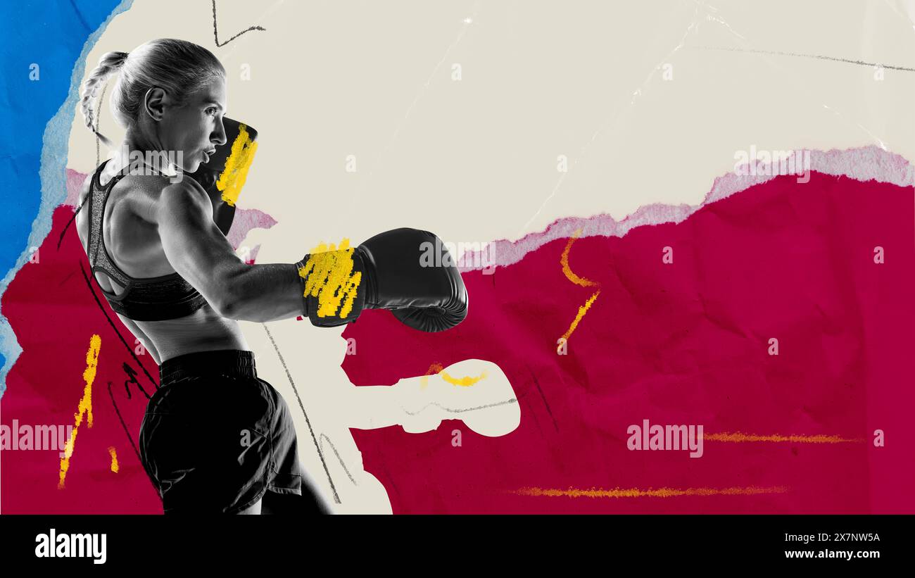 Focused and determined woman, boxing athlete in gloves showing s ...