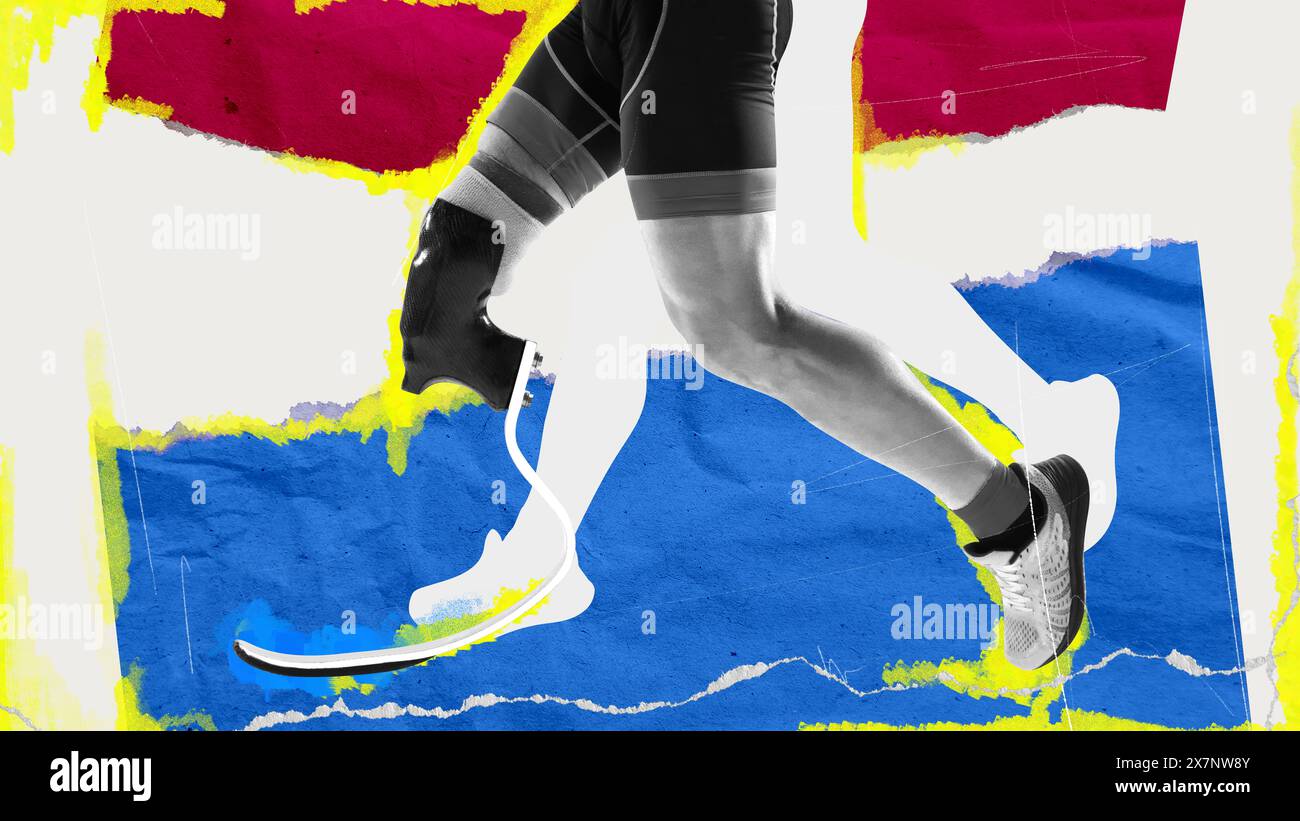 Cropped image of male legs with a prosthetic leg. Male runner taking ...