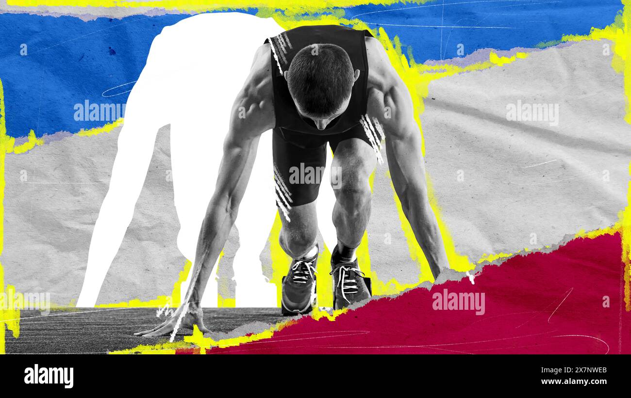 Muscular man standing on starting line and ready to run, taking part in ...