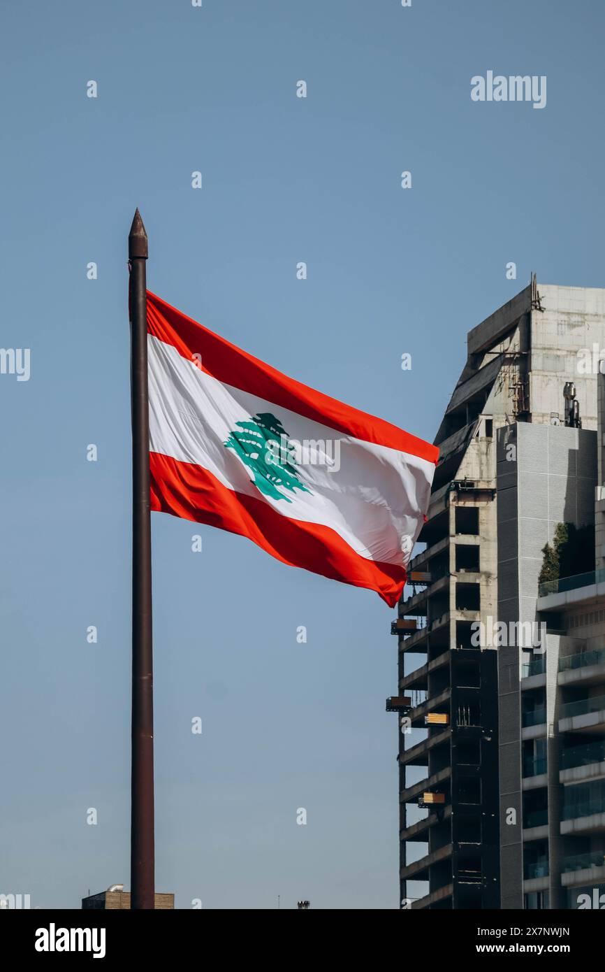 The Lebanese flag in the center of Beirut fluttering in the wind Stock ...