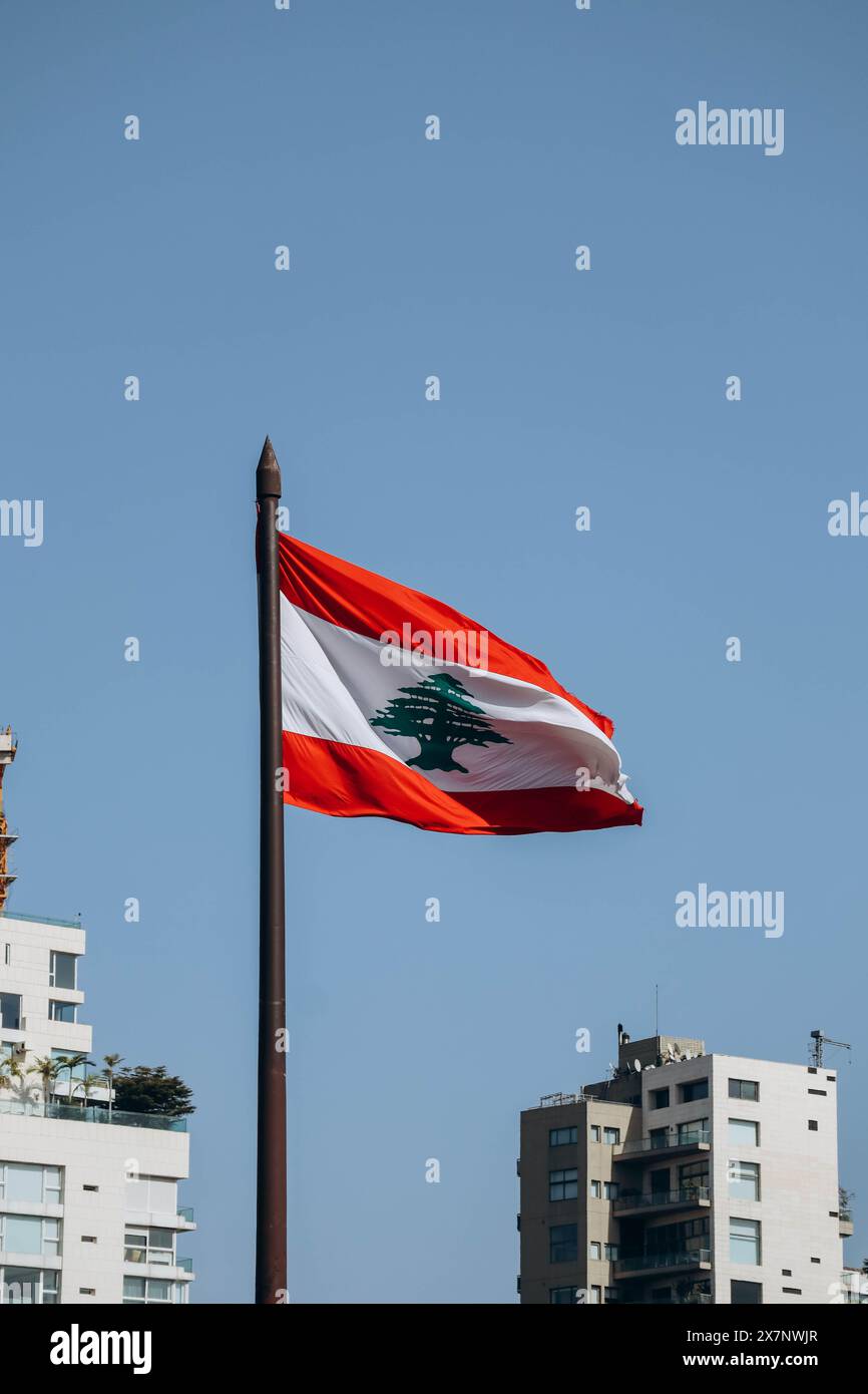 The Lebanese flag in the center of Beirut fluttering in the wind Stock ...