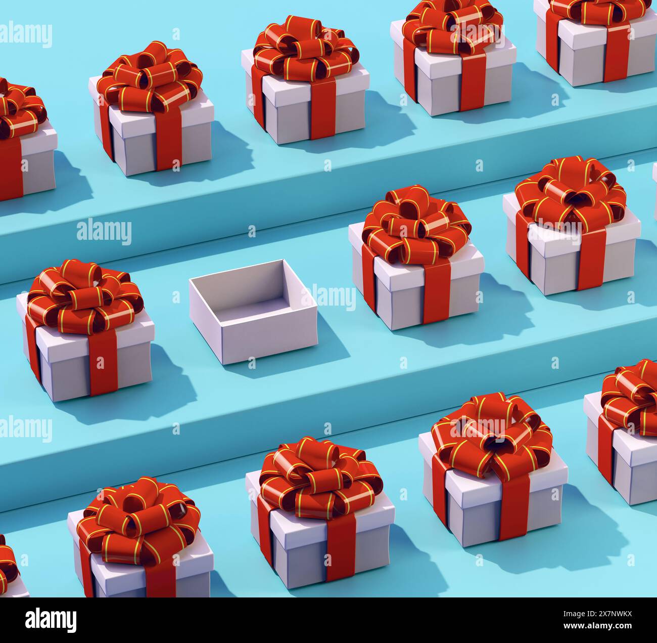 Pattern row of gift boxes with open box Stock Photo - Alamy