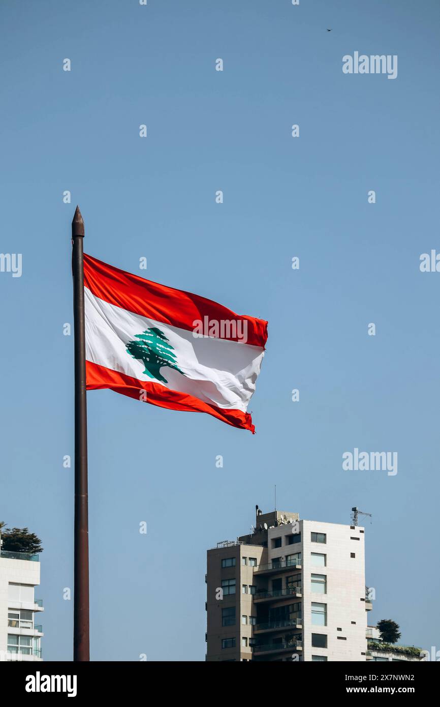 The Lebanese flag in the center of Beirut fluttering in the wind Stock ...