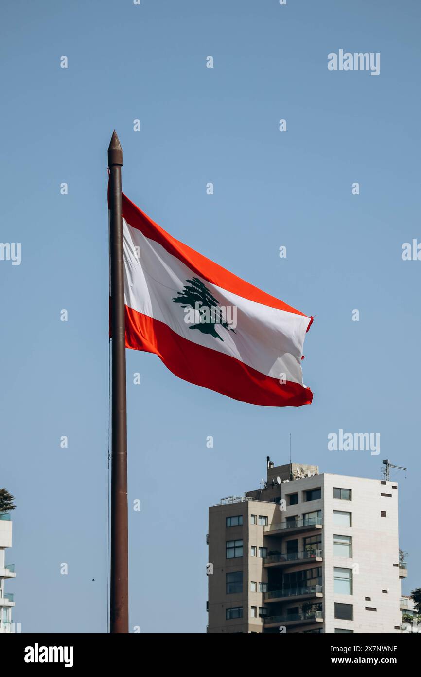The Lebanese flag in the center of Beirut fluttering in the wind Stock ...
