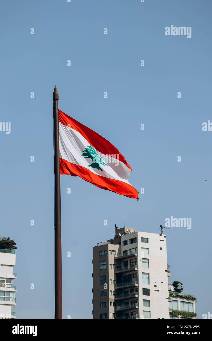 The Lebanese flag in the center of Beirut fluttering in the wind Stock ...
