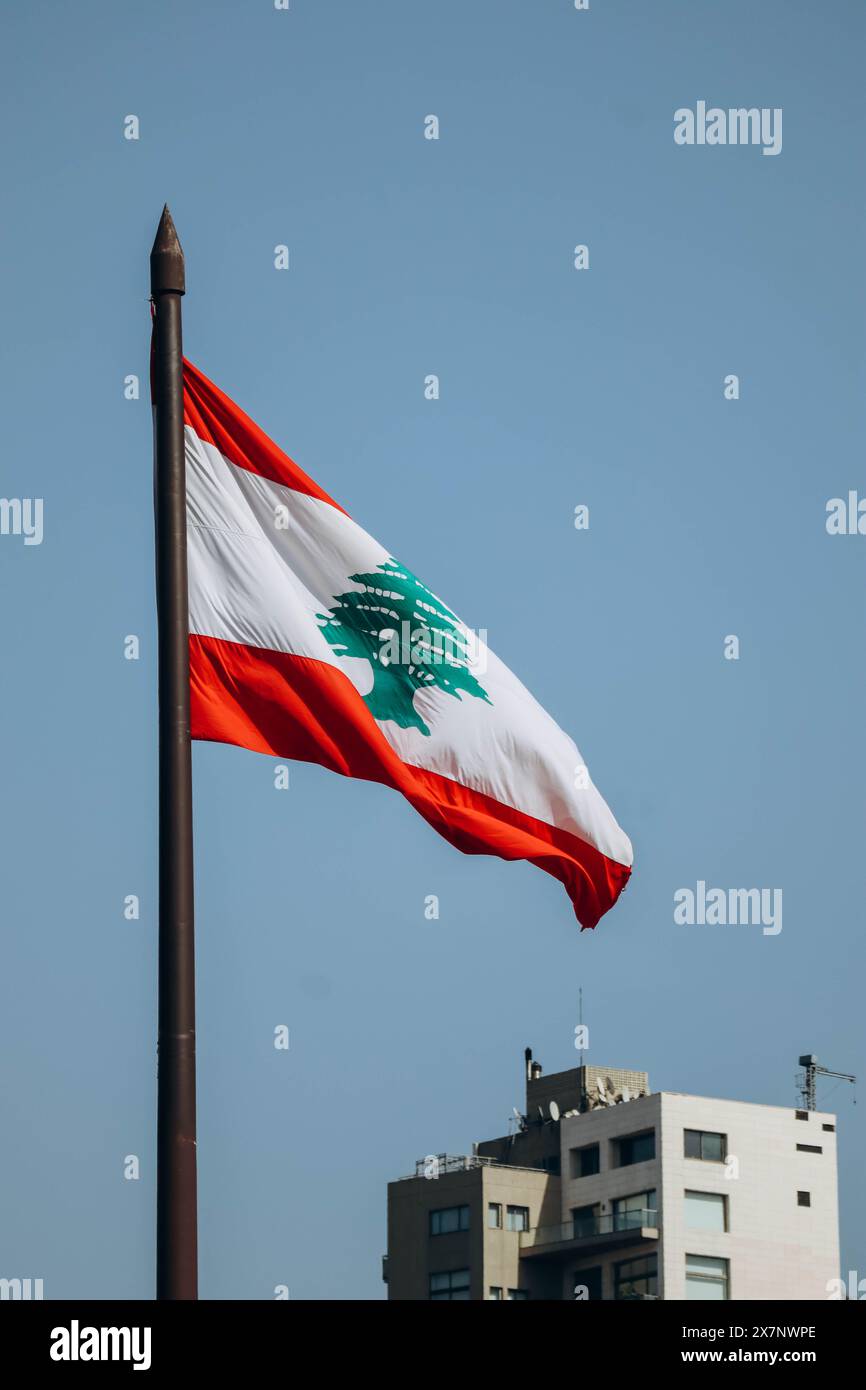 The Lebanese flag in the center of Beirut fluttering in the wind Stock ...