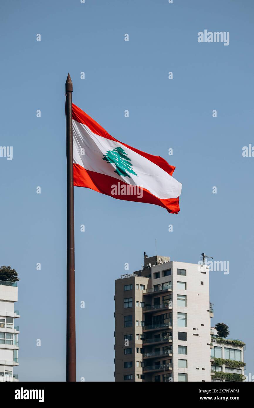 The Lebanese flag in the center of Beirut fluttering in the wind Stock ...