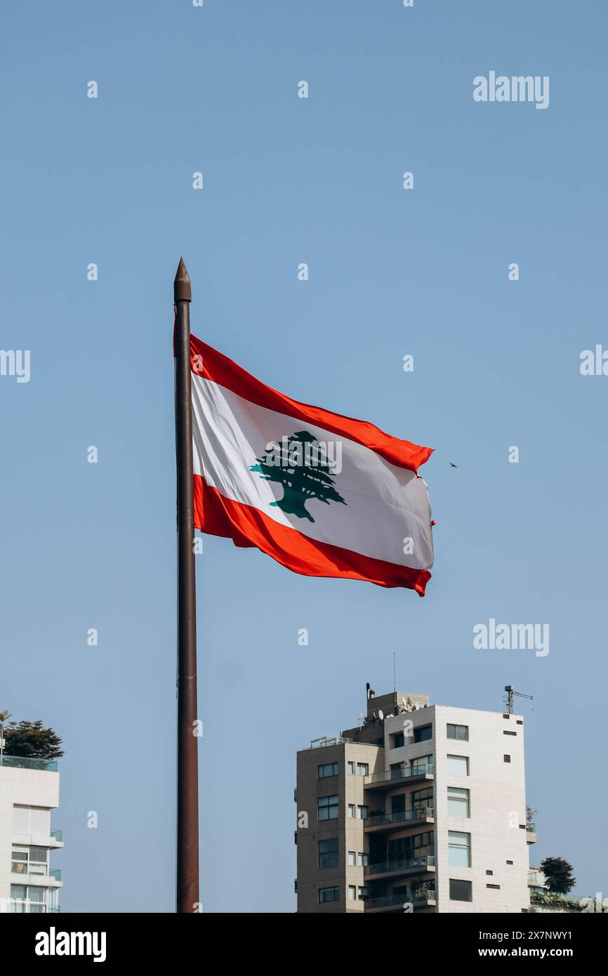 The Lebanese flag in the center of Beirut fluttering in the wind Stock ...
