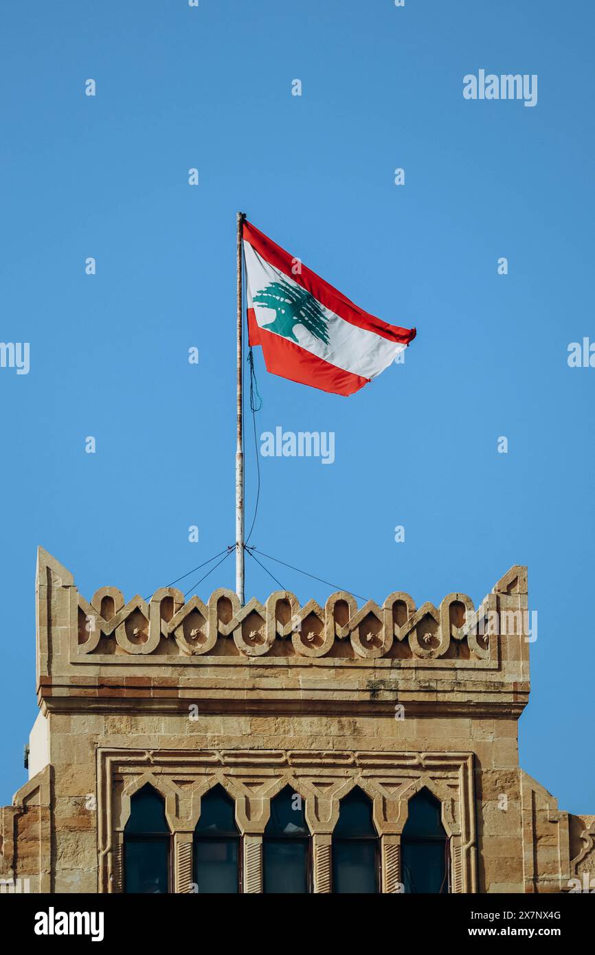 The Lebanese flag in the center of Beirut fluttering in the wind Stock ...