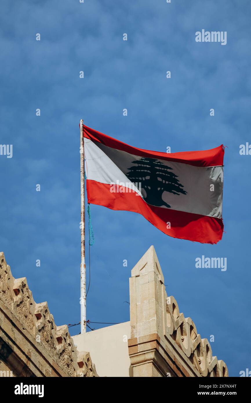 The Lebanese flag in the center of Beirut fluttering in the wind Stock ...