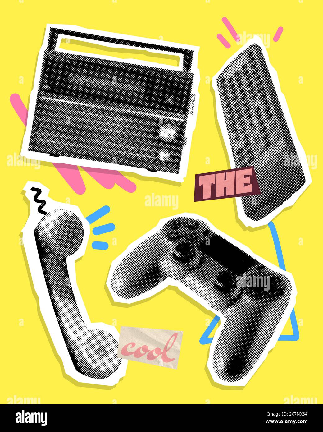 Poster. Contemporary art collage. Radio, remote control, cell phone ...