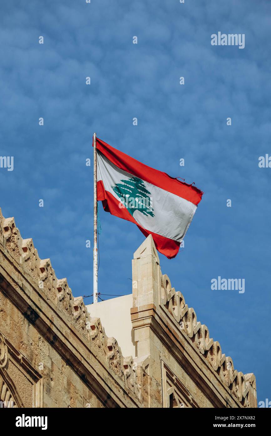 The Lebanese flag in the center of Beirut fluttering in the wind Stock ...