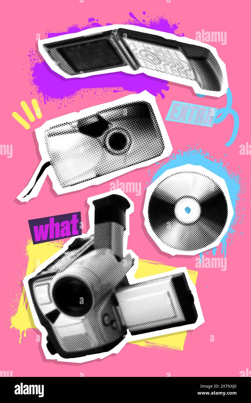 Poster. Contemporary art collage. Vintage cell phone, camera, video ...