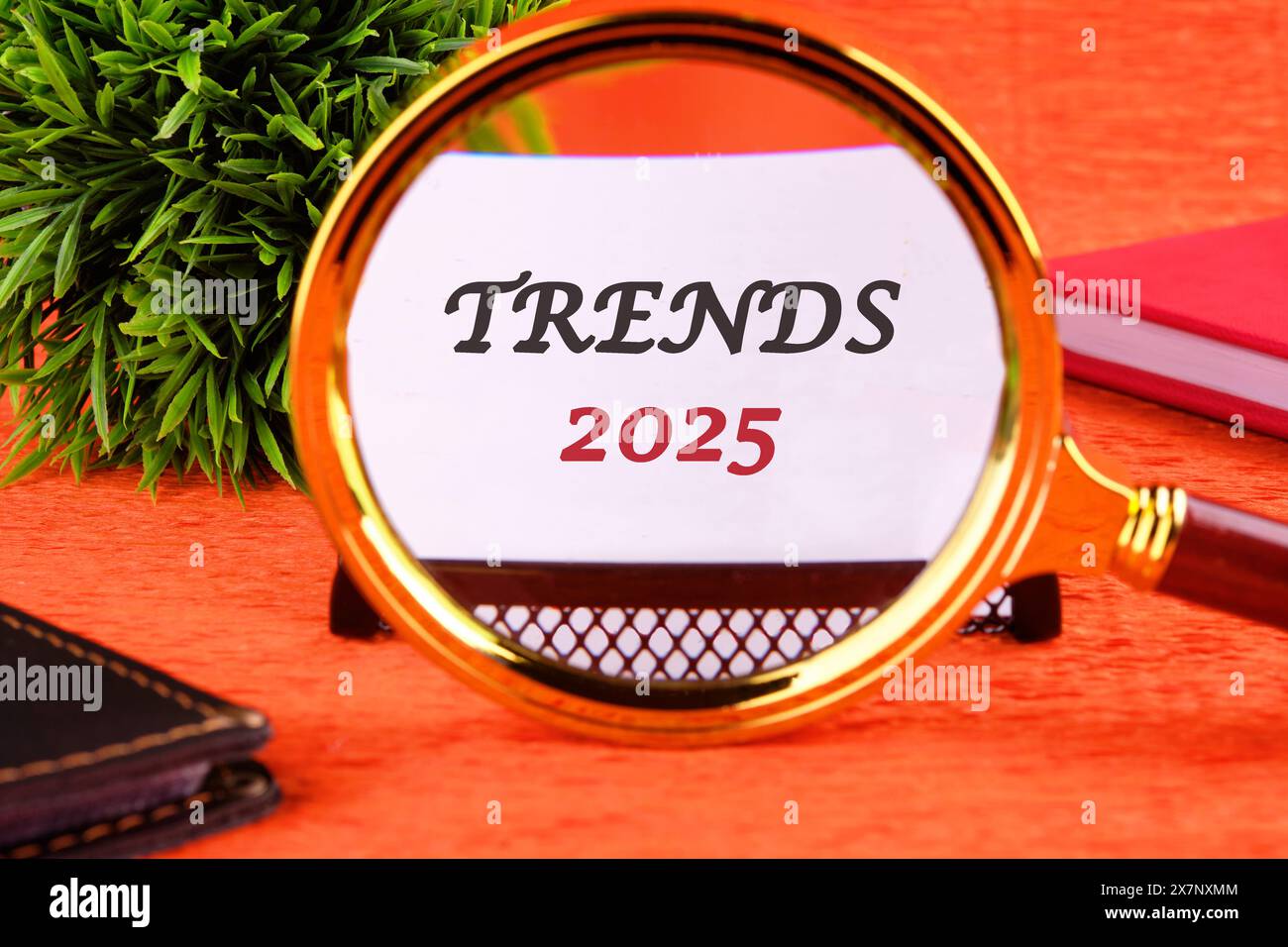 2025 trend concept. TRENDS 2025 through a magnifying glass on a white ...