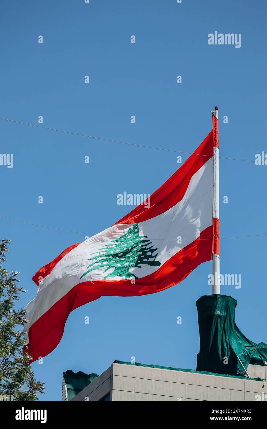 The Lebanese flag in the center of Beirut fluttering in the wind Stock ...