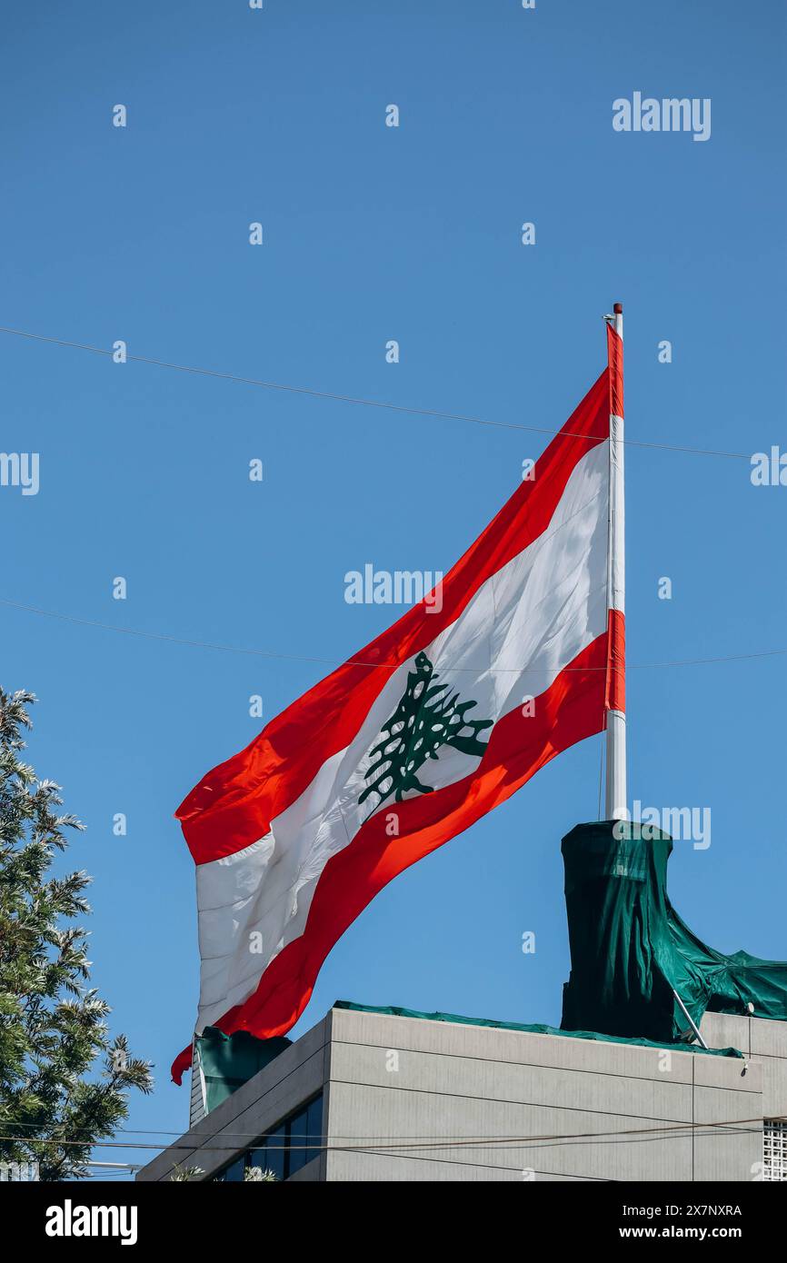 The Lebanese flag in the center of Beirut fluttering in the wind Stock ...