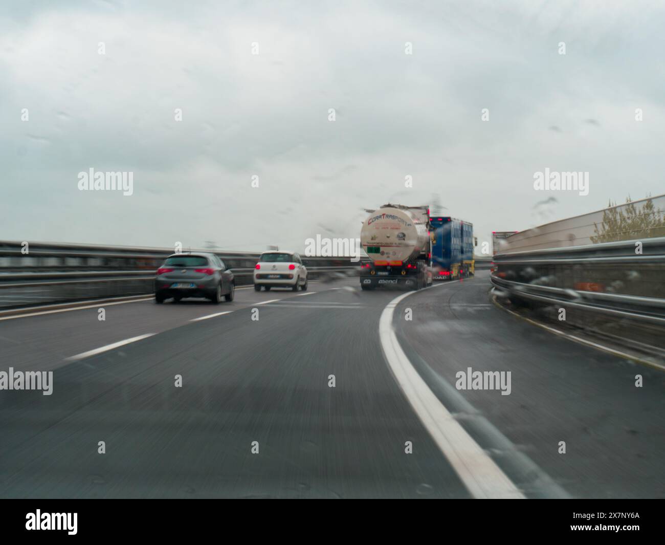 Piacenza, Italy -April 22nd 2024 A highway scene under an overcast sky ...