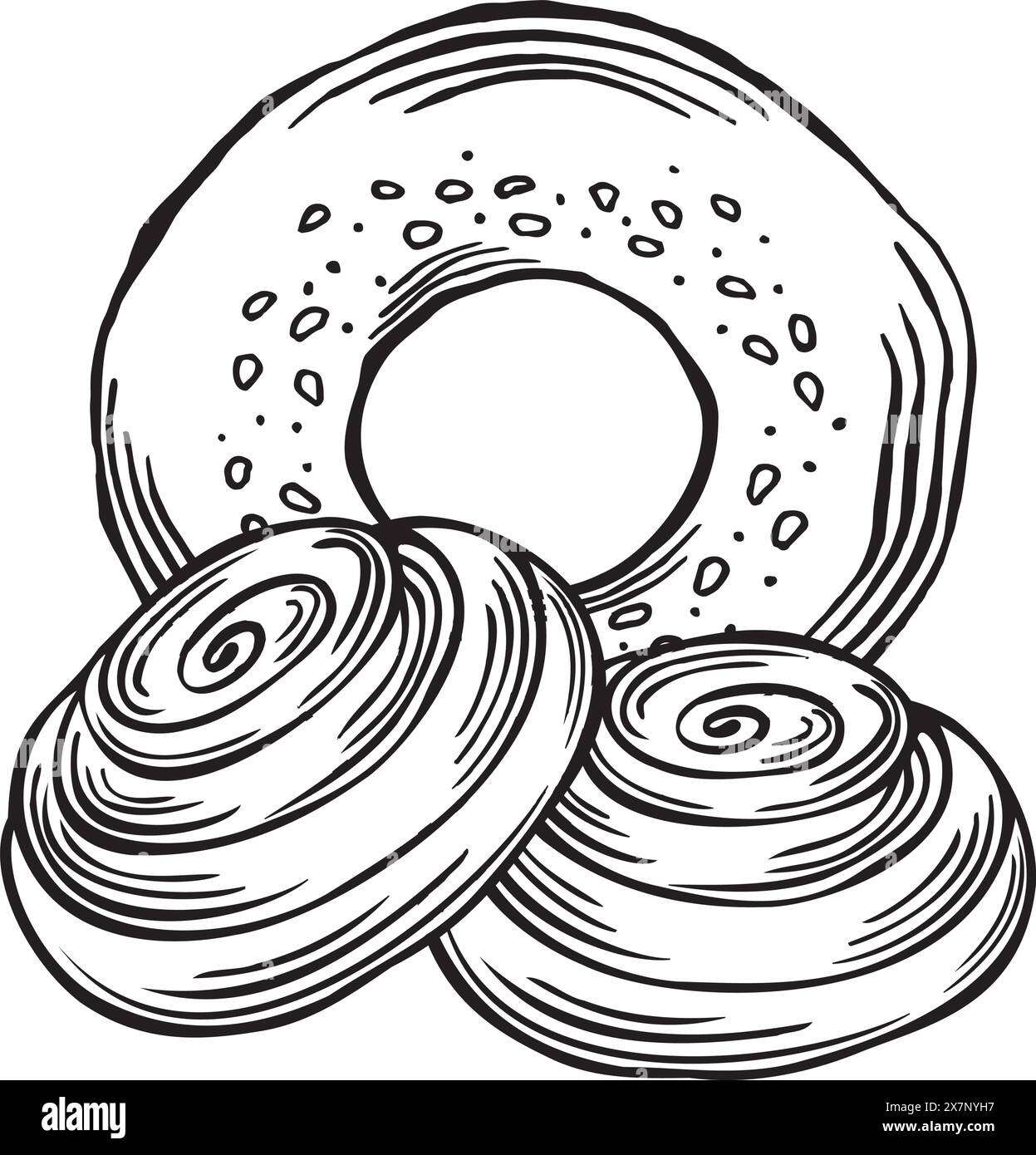 Bagel and Cinnamon buns. Bakery goods from wheat with seeeds. Vector ...