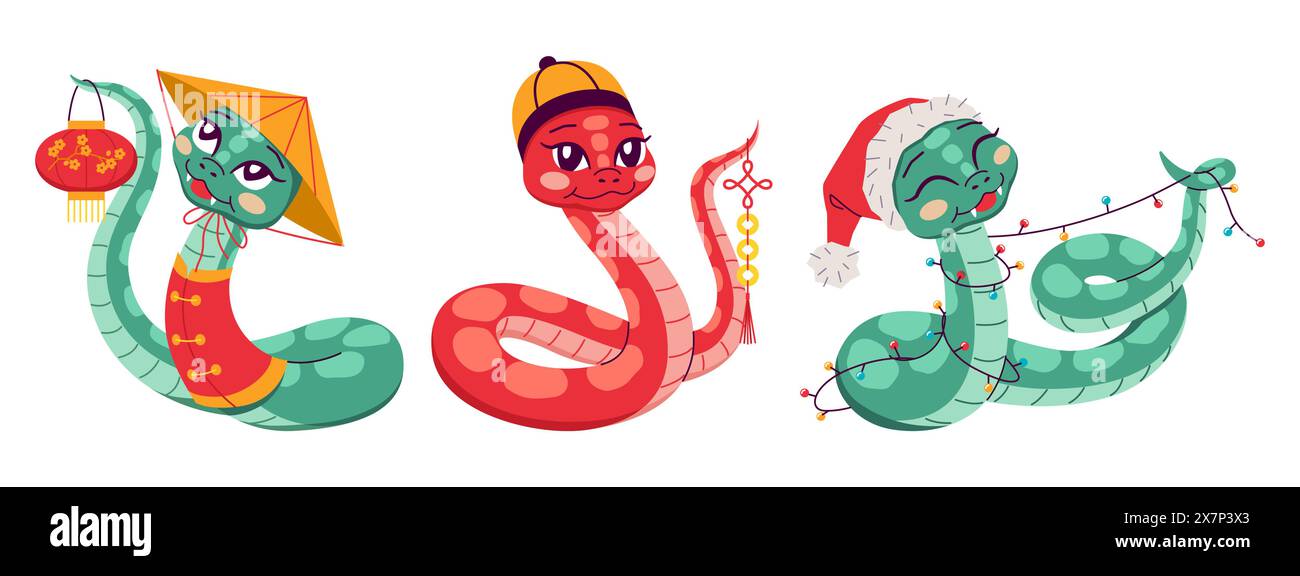 Cute snakes representing Chinese zodiac year 2D cartoon characters set ...