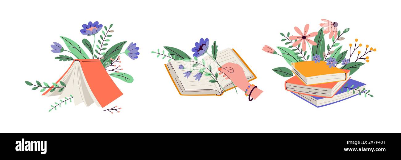 Books with flowers bouquets 2D linear cartoon objects set. Literature ...