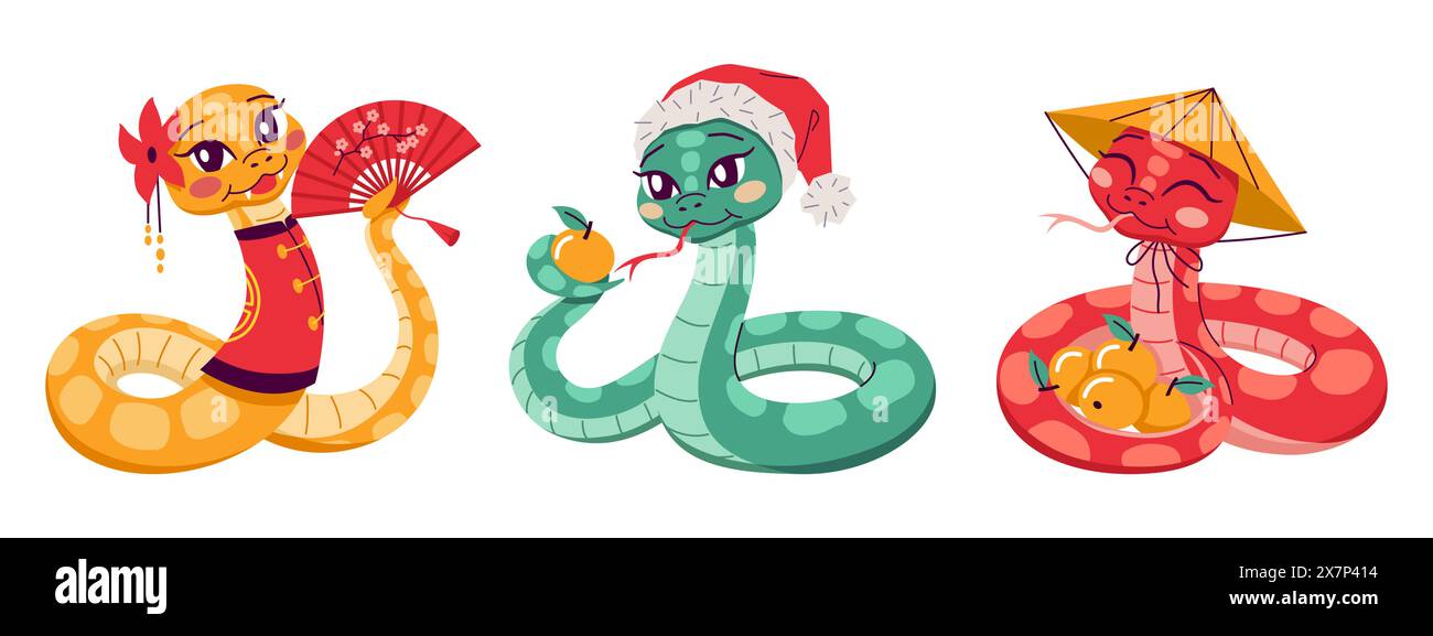 Cute snakes representing Chinese zodiac year 2D cartoon characters set ...