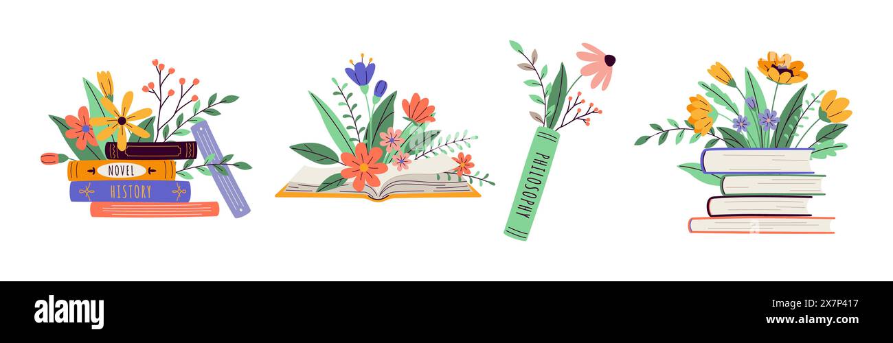 Books with flowers bouquets 2D linear cartoon objects set. Literature ...