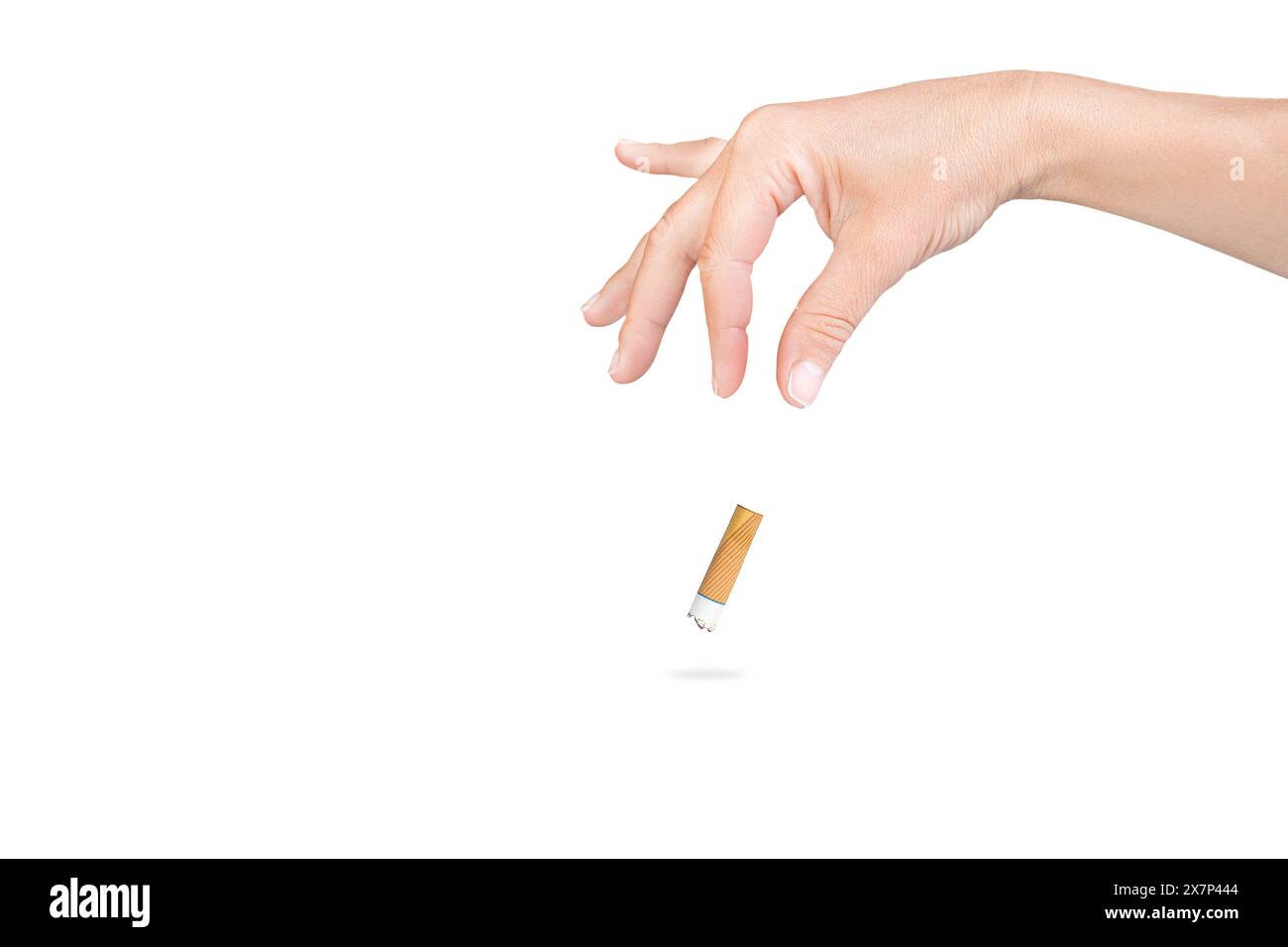 female hand throwing a cigarette on isolated white background Stock ...