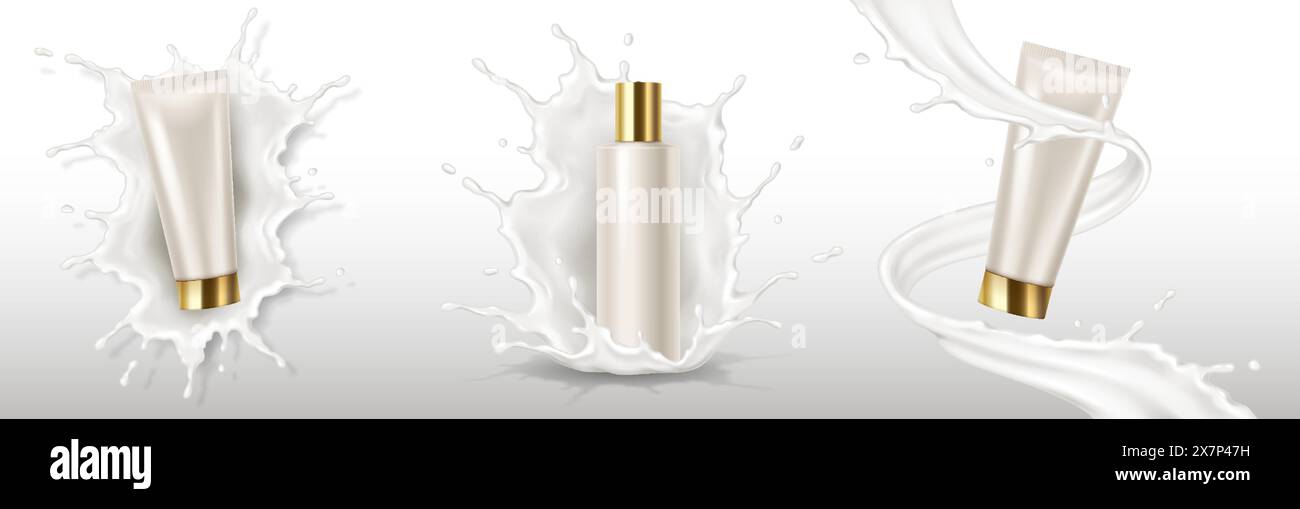 Cream splashes with packages realistic vector illustration set ...