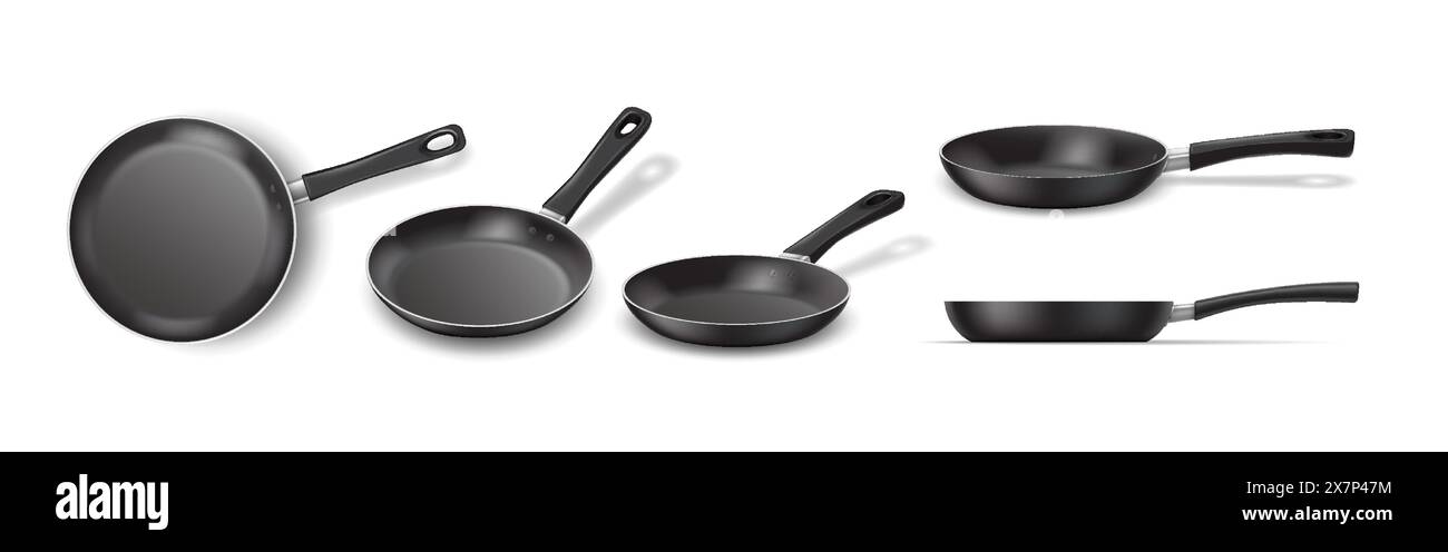 Black frying pans with non stick coating vector illustration set ...