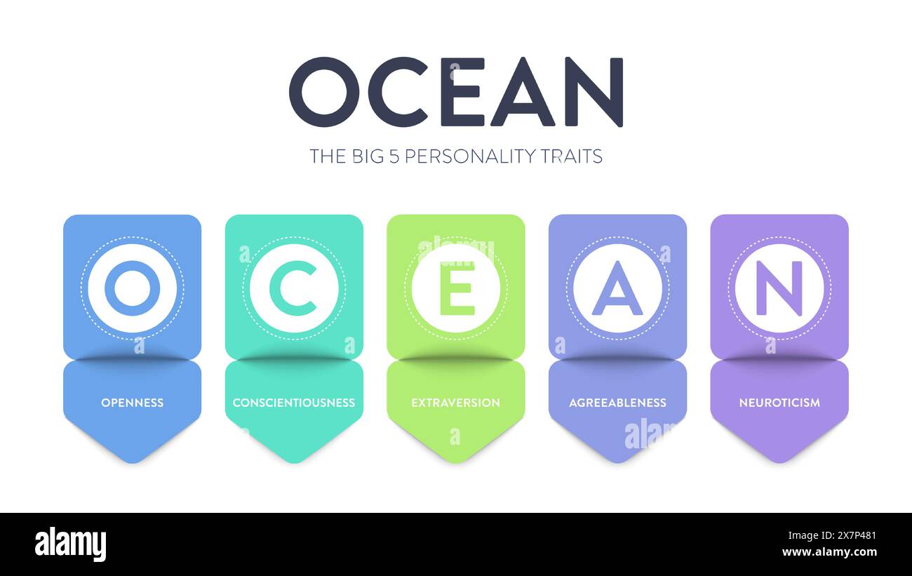OCEAN, Big Five Personality Traits infographic has 4 types of ...