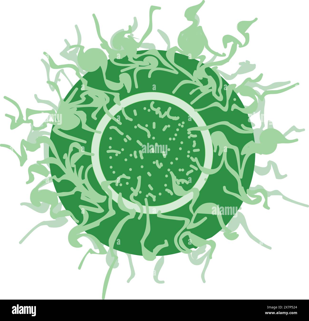 Stylized vector illustration of a green virus with detailed spikes and ...