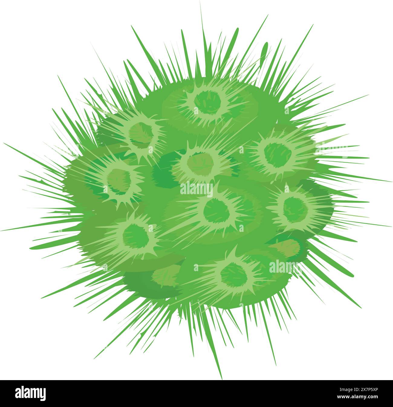 Graphic depiction of a spherical green virus with protruding spikes ...
