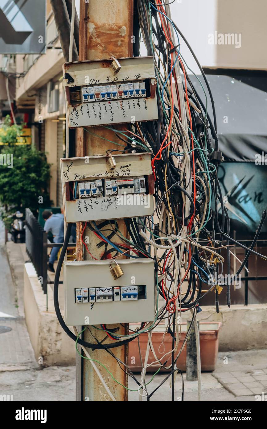 Electrical wires and electrical panel in Beirut, Lebanon Stock Photo ...
