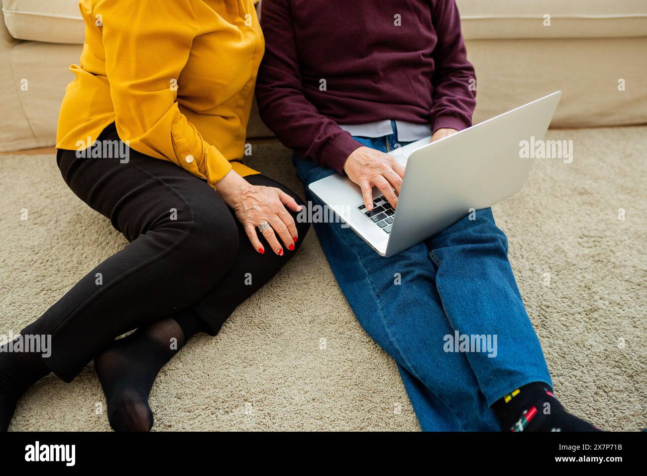 Senior couple sitting on the floor and using a laptop. Senior's hands ...