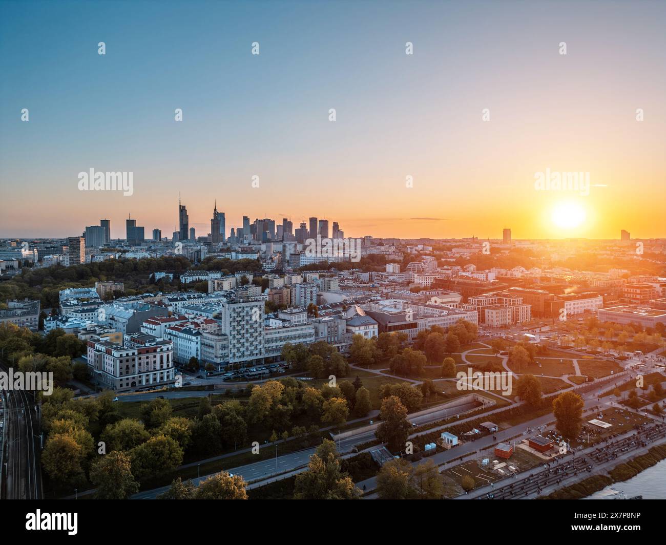 panorama of Warsaw city skyline at sunset, skyscrapers of downtown and ...