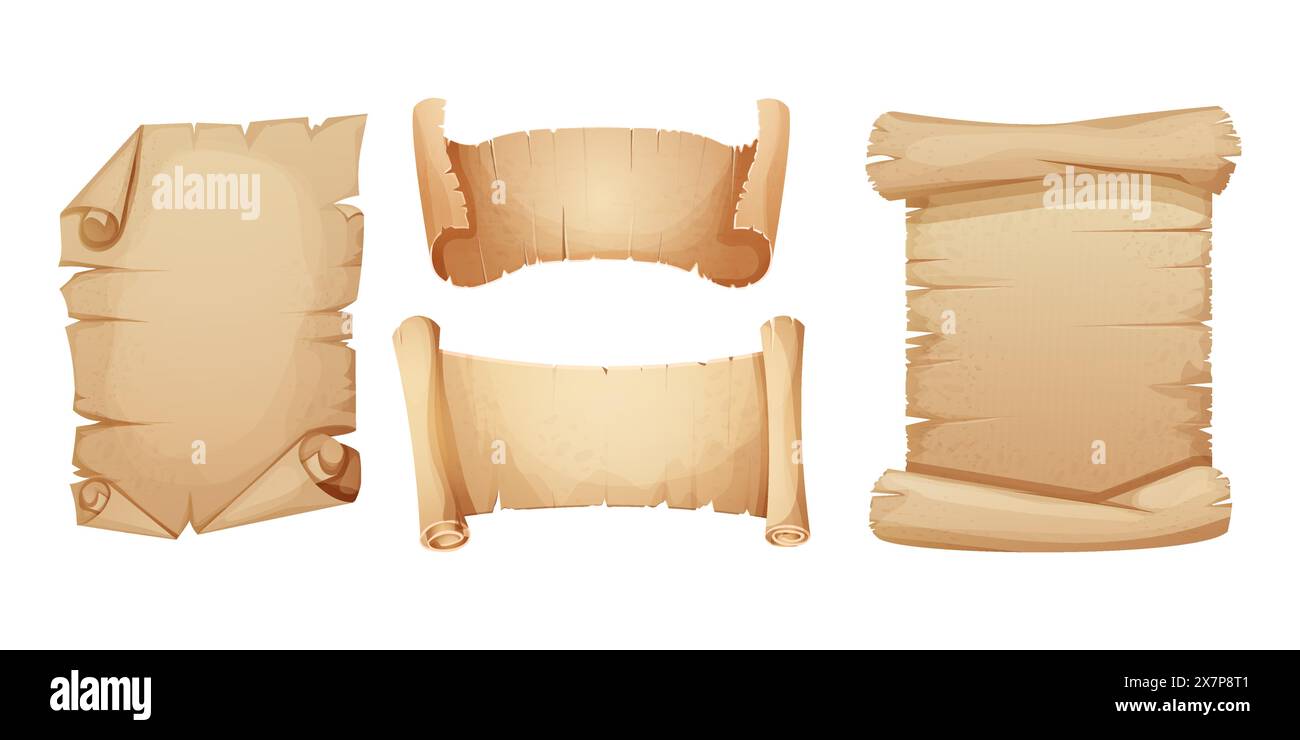 Old parchment paper scrolls, page, aged sheet surface, map, book blank isolated in white ...