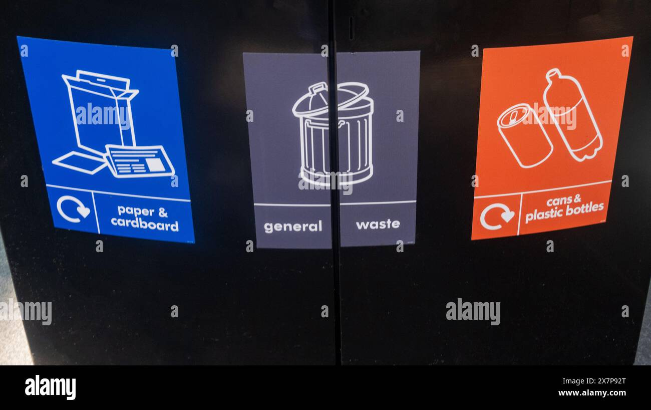 Labels on trash bins in Liverpool Stock Photo - Alamy