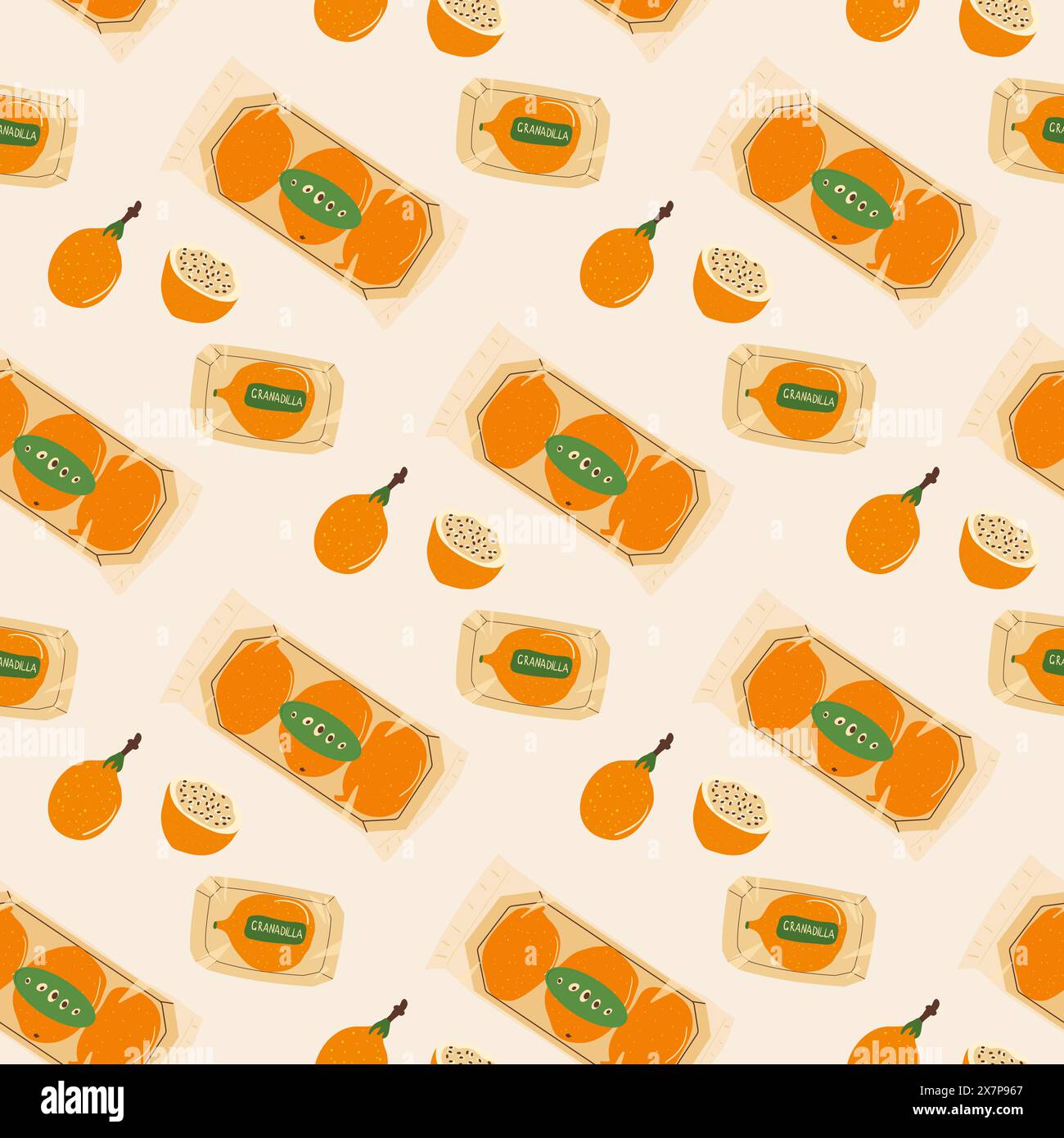 Sweet granadilla fruit packaging seamless pattern. Tropical fruits ...