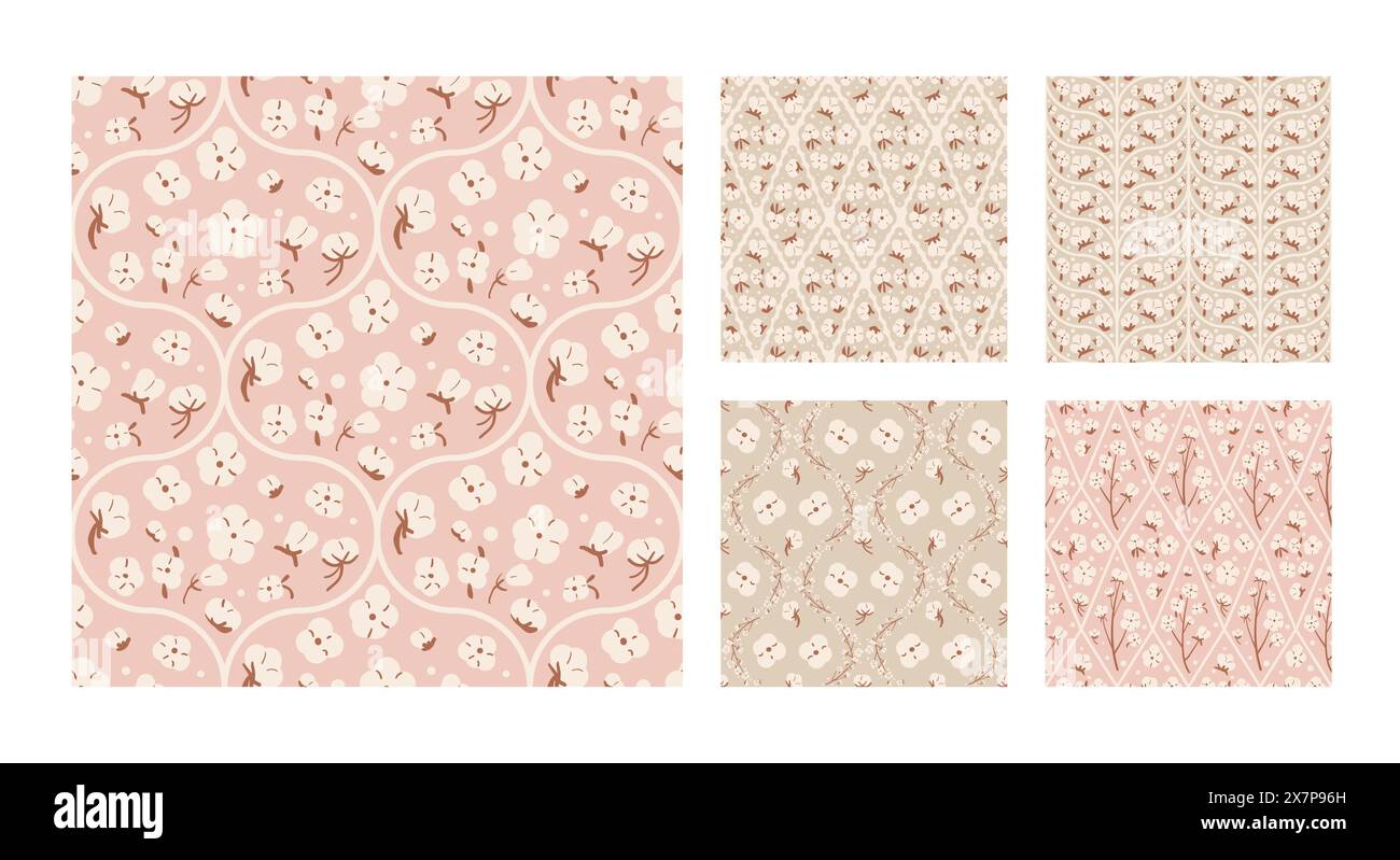 Cotton flower plant seamless patterns collection. Branches and ripe ...