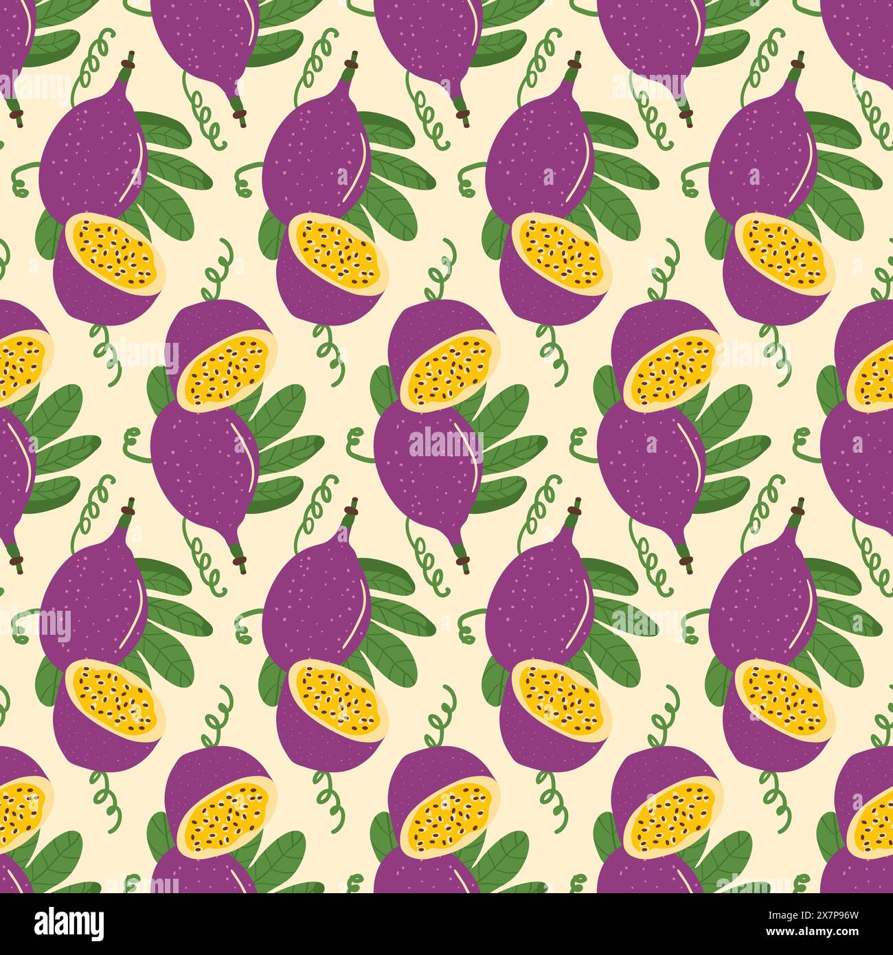 Passion fruit seamless pattern with a vibrant color. Whole and half exotic fruits endless ...