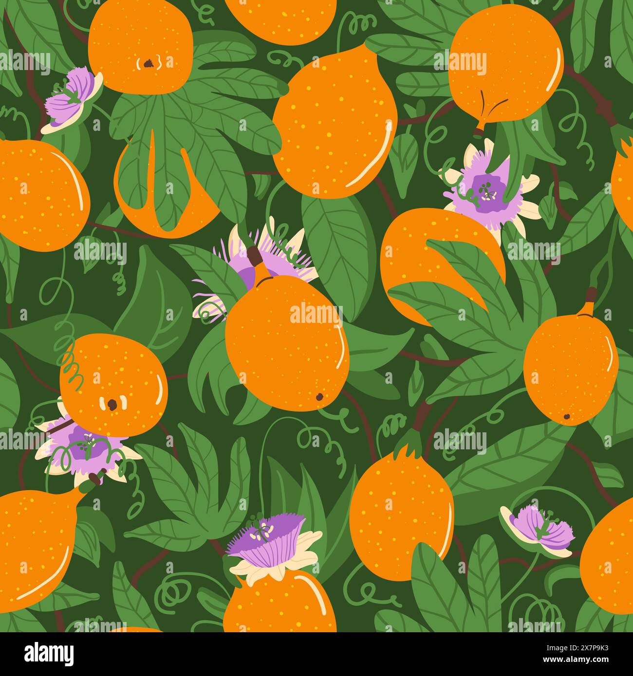Sweet granadilla fruit and flowers seamless pattern. Tropical fruits ...