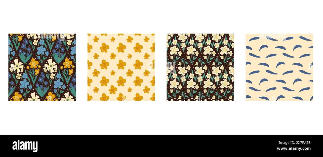 Retro flowers seamless patterns set. Floral endless background collection. Wild flower ornament ...