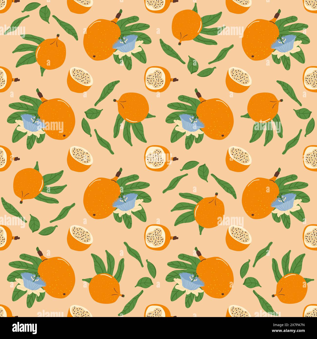 Granadilla half and whole fruit seamless pattern. Tropical fruits ...