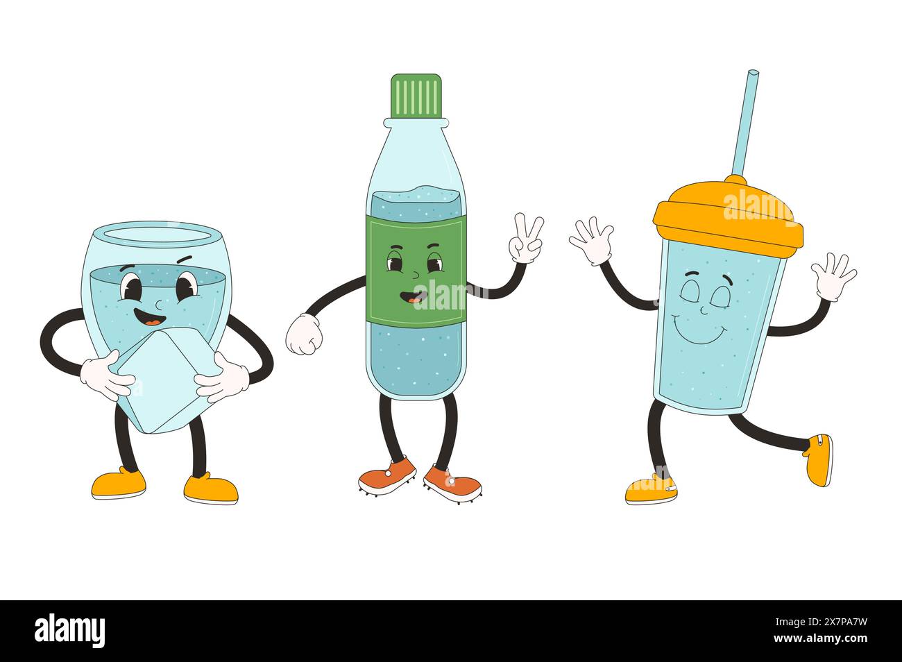 Bottle and glass of water retro cartoon mascots set. Drink rubber hose ...