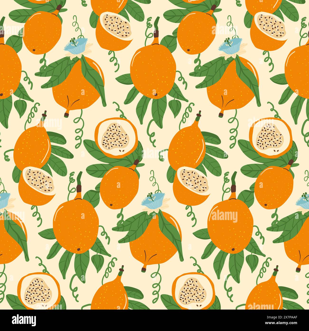 Sweet granadilla whole and half fruit seamless pattern. Tropical fruits ...
