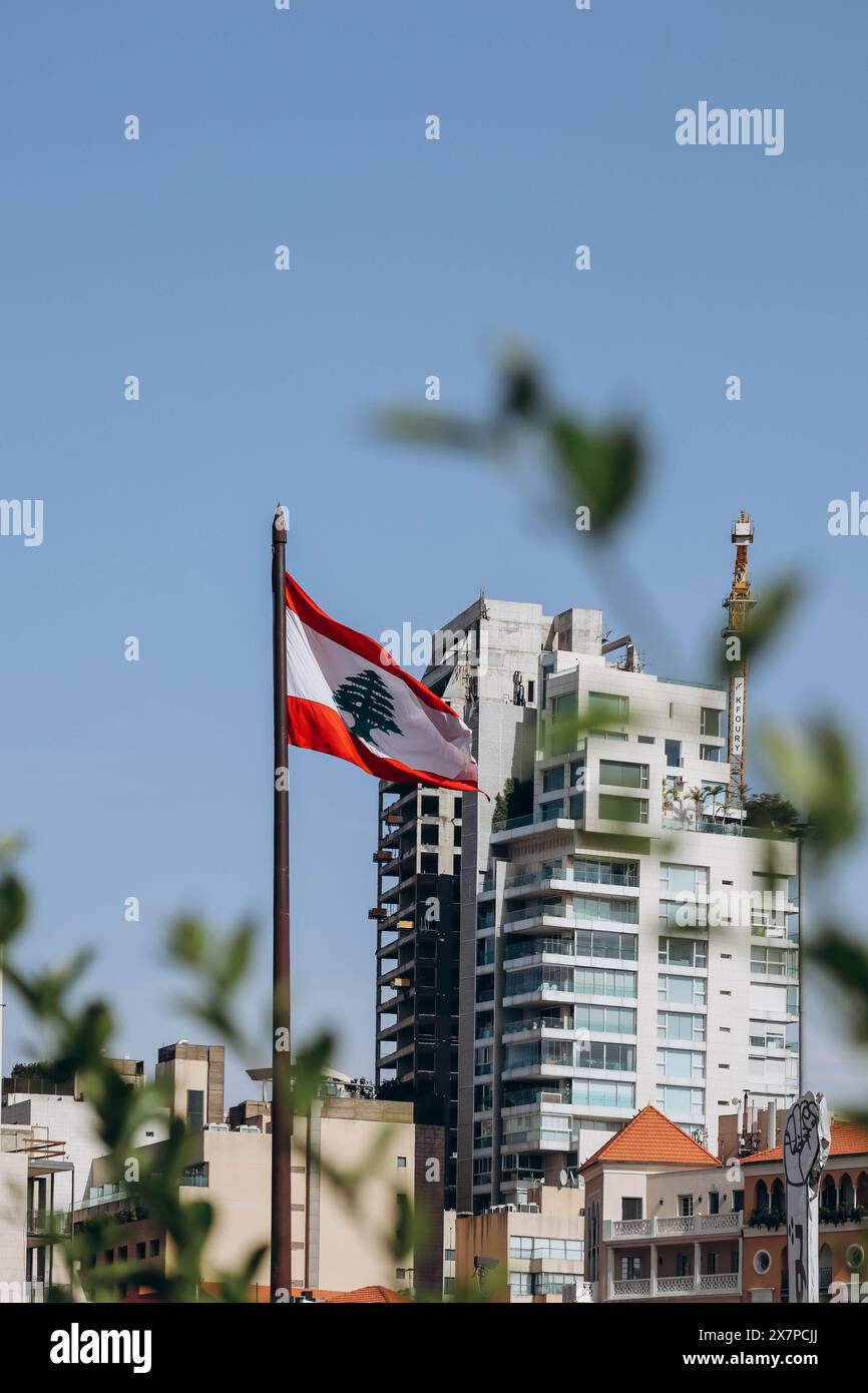 The Lebanese flag in the center of Beirut fluttering in the wind Stock ...
