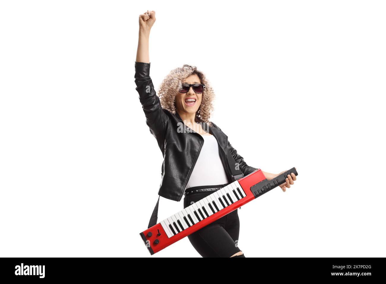 Happy female musician with a keytar wearing sunglasses and gesturing ...