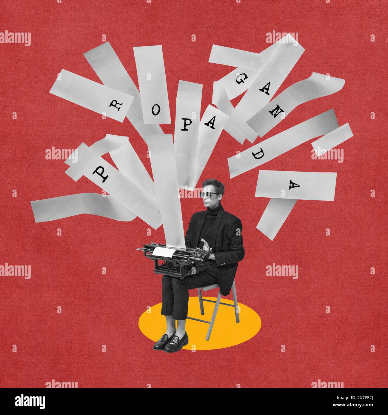 Man in suit sitting and writing on retro typewriter. Journalist ...