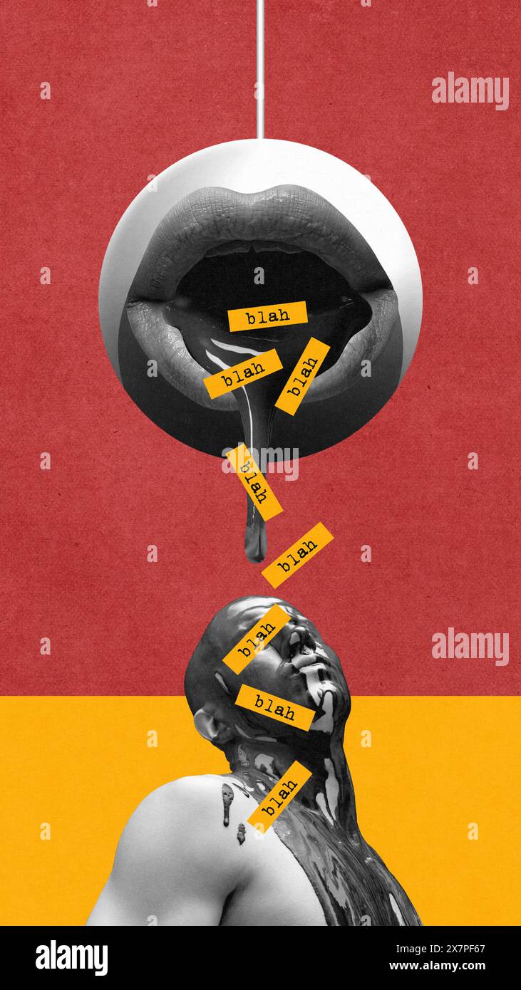 Echo of Empty Words. Open mouth with labels with word blah falling down ...