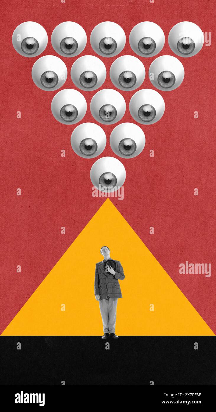 Pyramid of eyes focused on man, illustrating control through constant ...